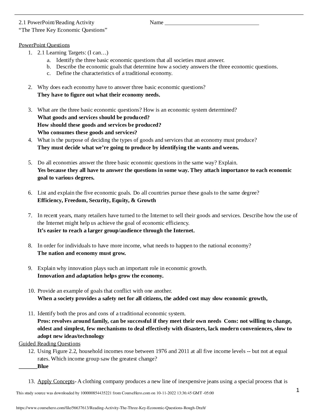Reading Activity "The Three Key Economic Questions" Rough Draft ...