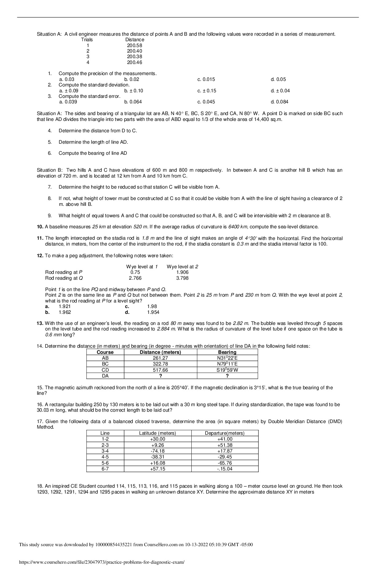 CE 121 practice problems for diagnostic exam