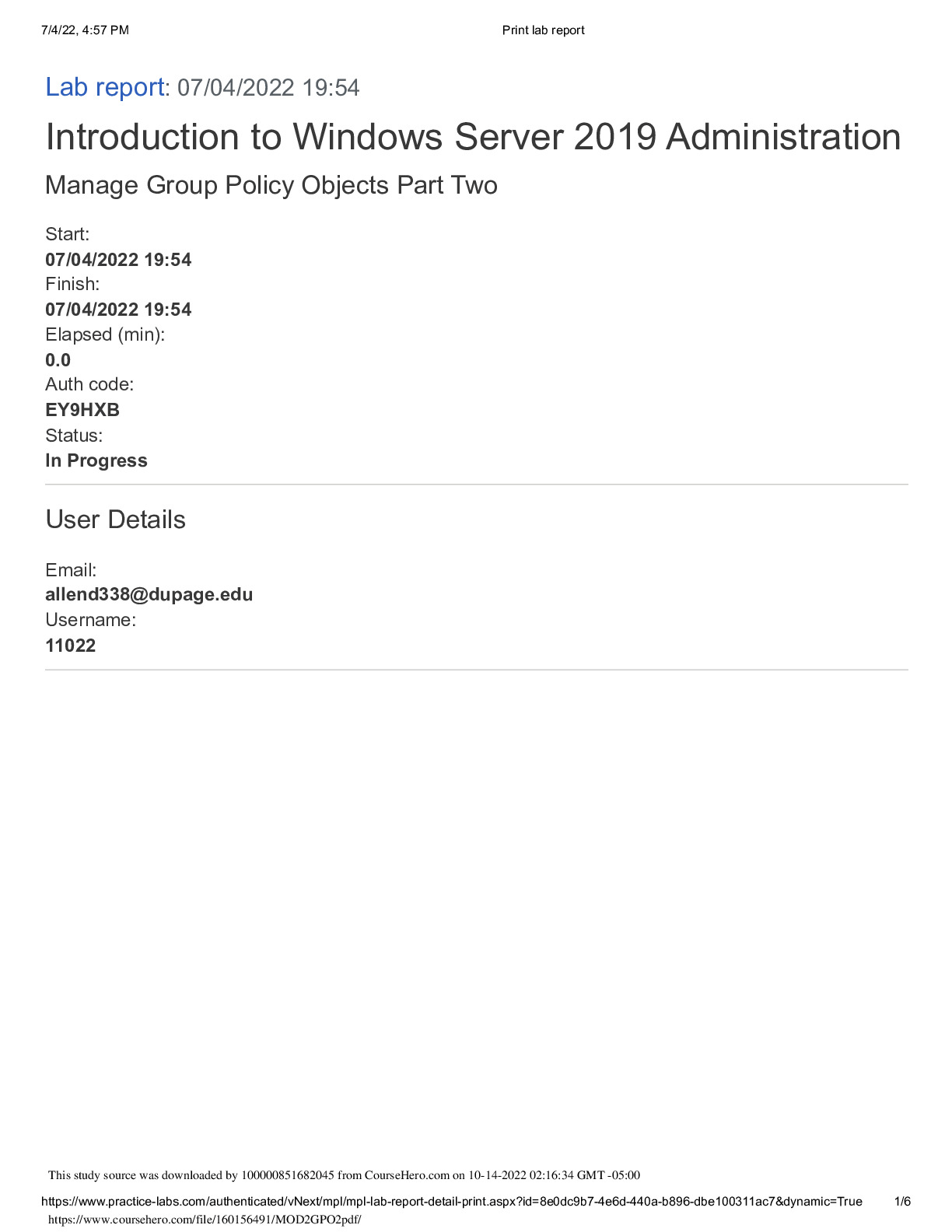 CIS 230 Lab report: 07/04/2022 19:54 Introduction to Windows Server 2019 Administration