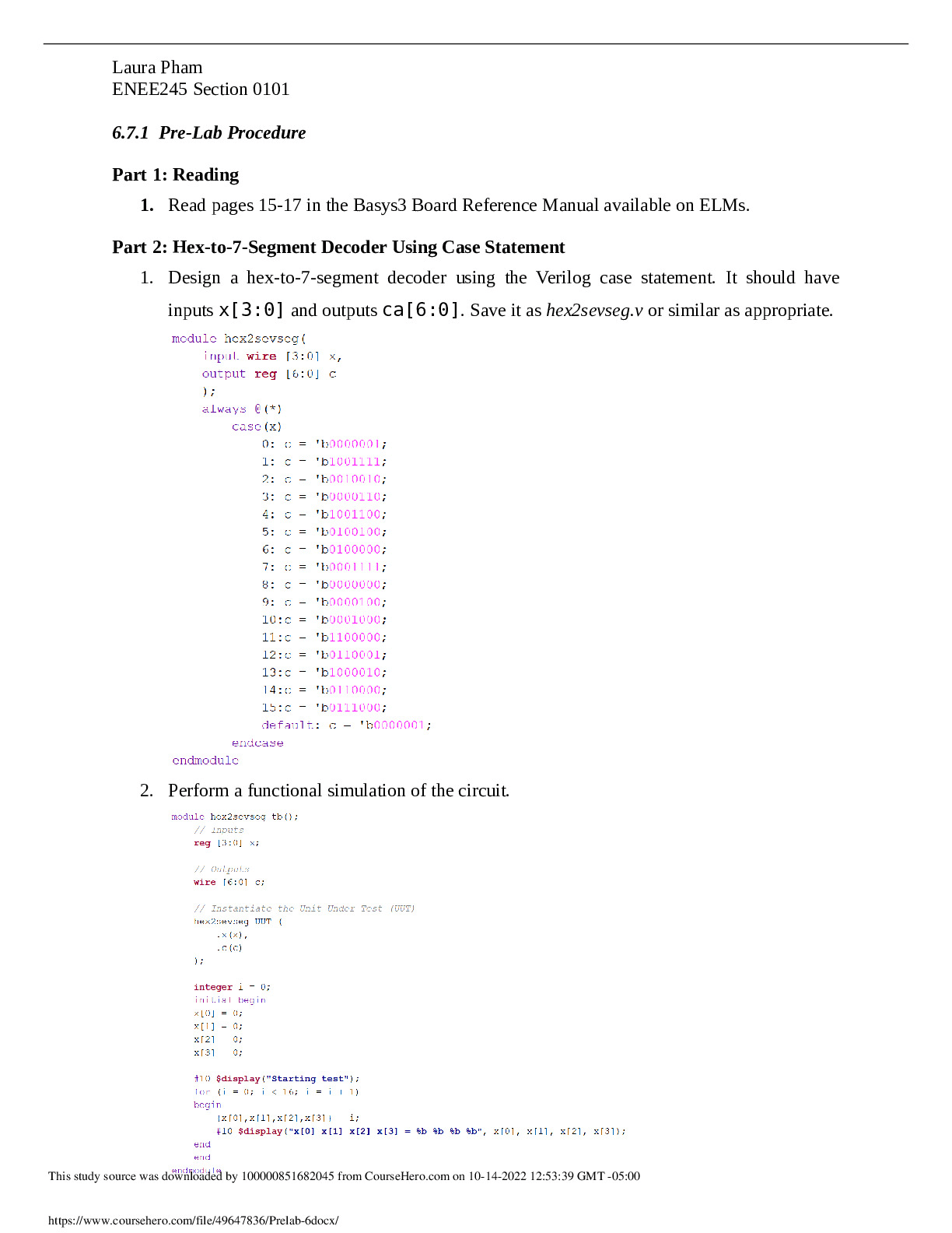 ENEE 245 Laura Pham ENEE245 Section 01016.7.1Pre-Lab Procedure