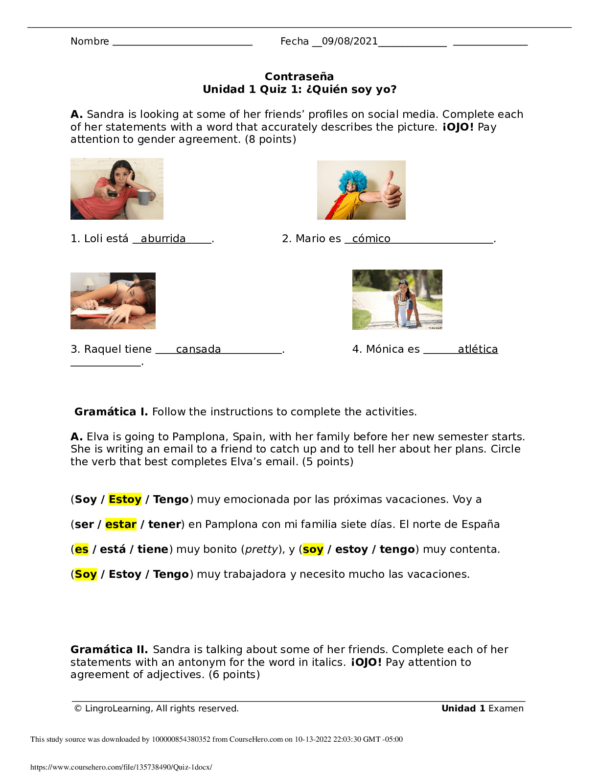 University of Missouri, Kansas City SPANISH 110 Contraseña Unidad 1 ...