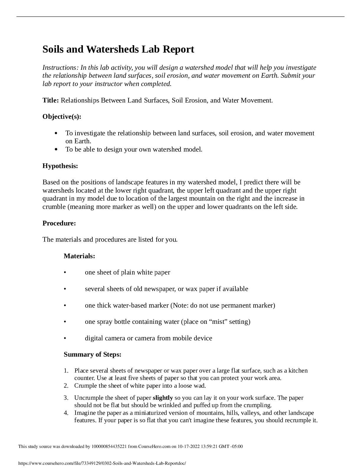 SCIENCE 0002 03.02 Soils and Watersheds Lab Report