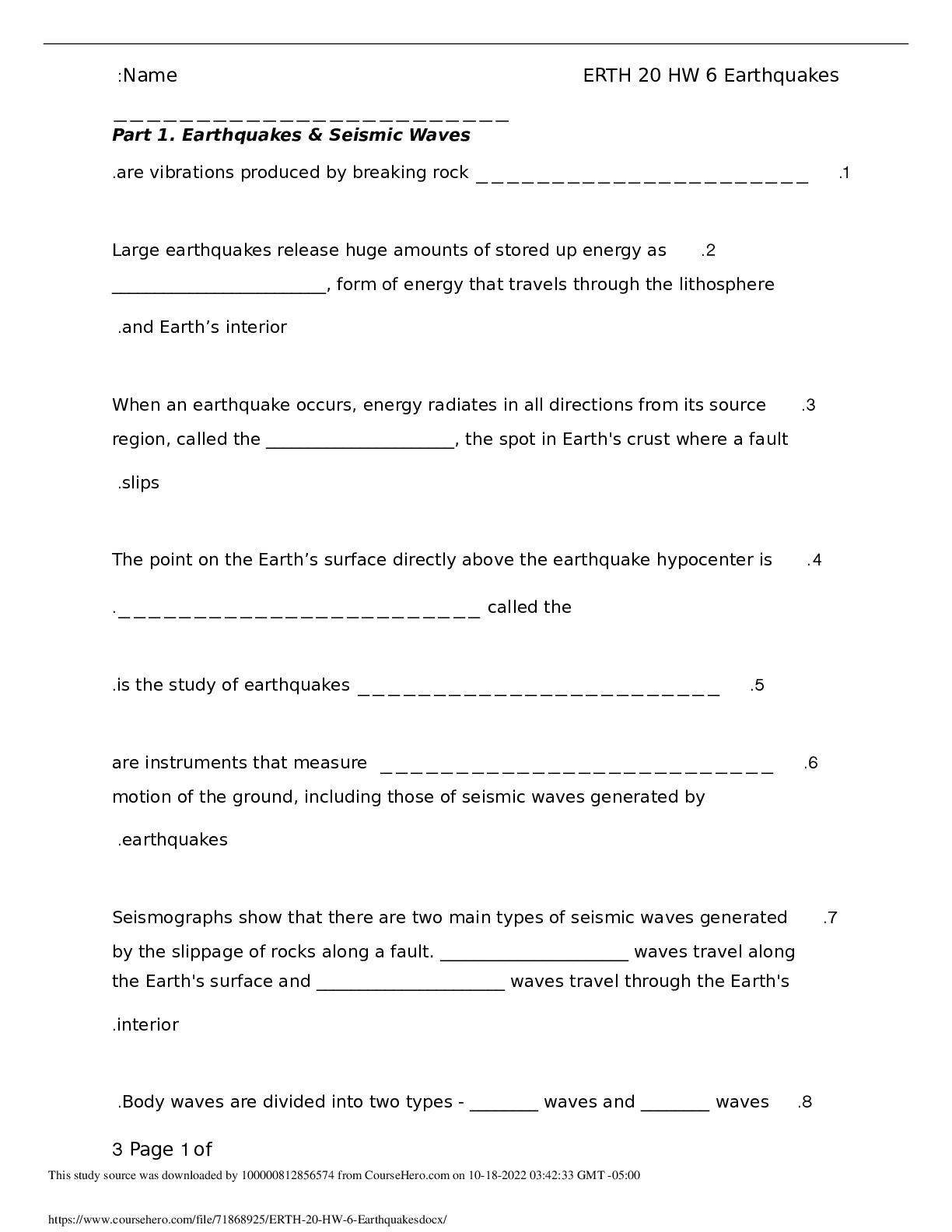 SCIENCE 206 ERTH 20 HW 6 Earthquakes Part 1. Earthquakes & Seismic Waves