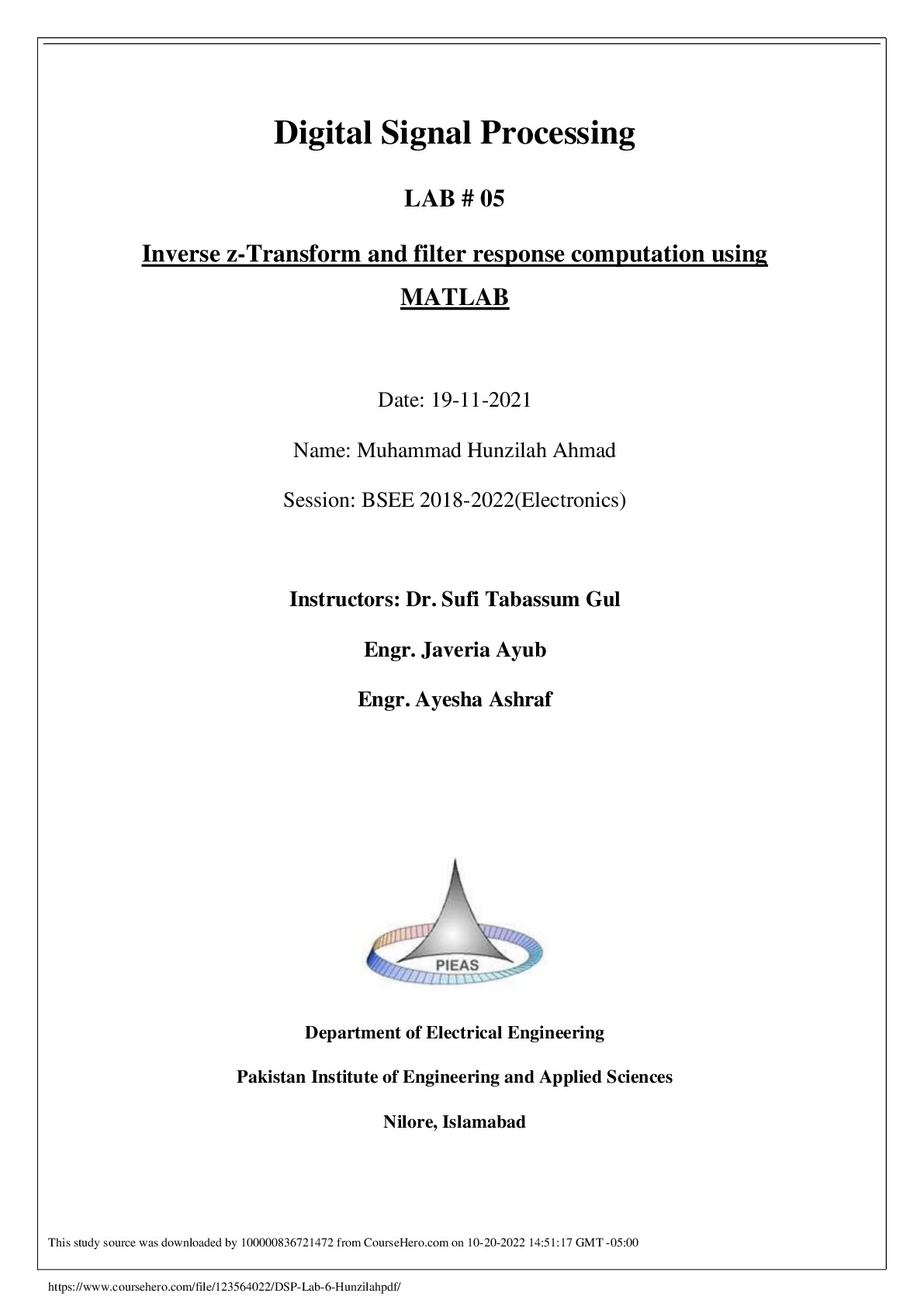EE DSP Digital Signal Processing LAB # 05 Inverse z-Transform and filter response computation ...