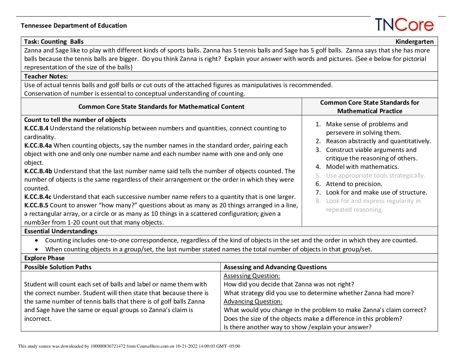 Tennessee Department of Education Task: Counting Balls Kindergarten