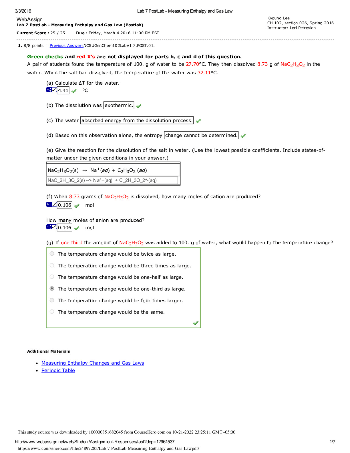 Lab 7 PostLab - Measuring Enthalpy and Gas Law North Carolina State ...
