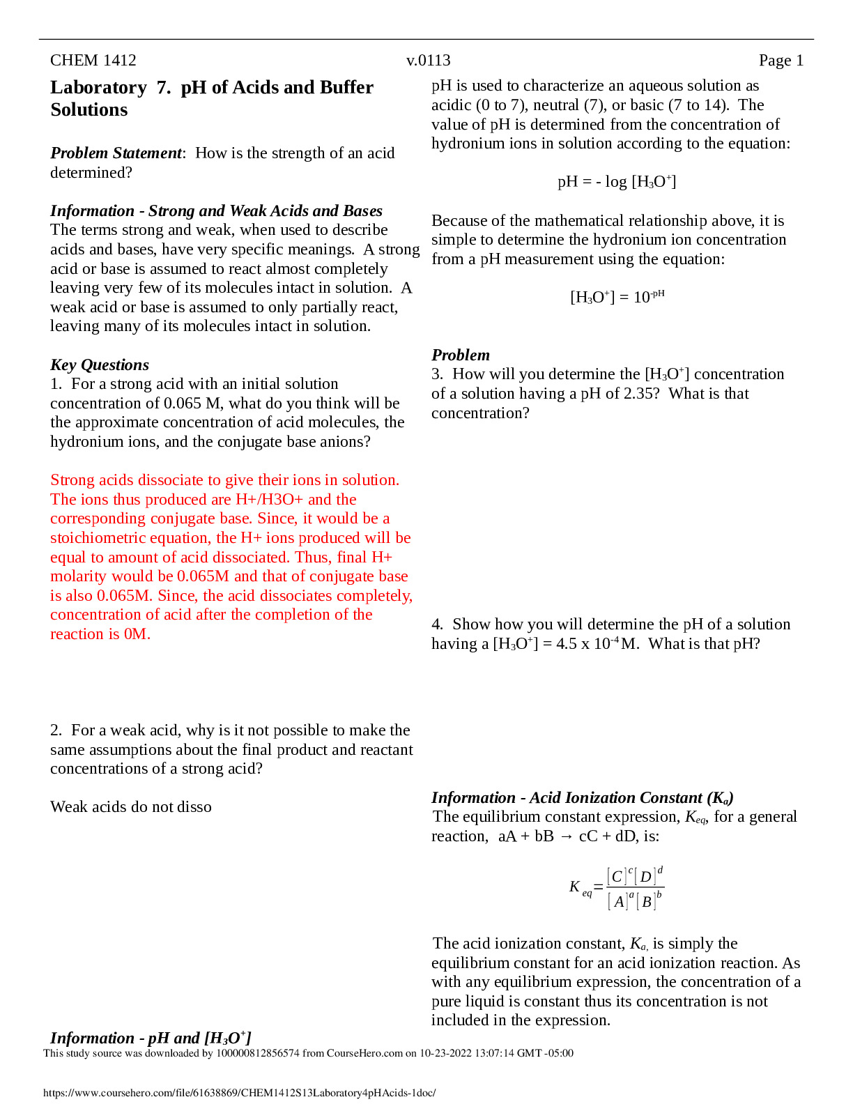 CHEM 1412 v.0113 Page 1 Laboratory 7. pH of Acids and Buffer Solutions Problem Statement: How is ...
