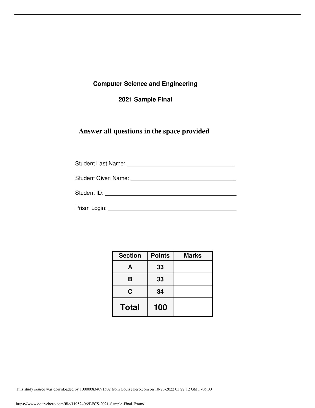 EECS 2021 Sample Final Exam York University EECS 2021