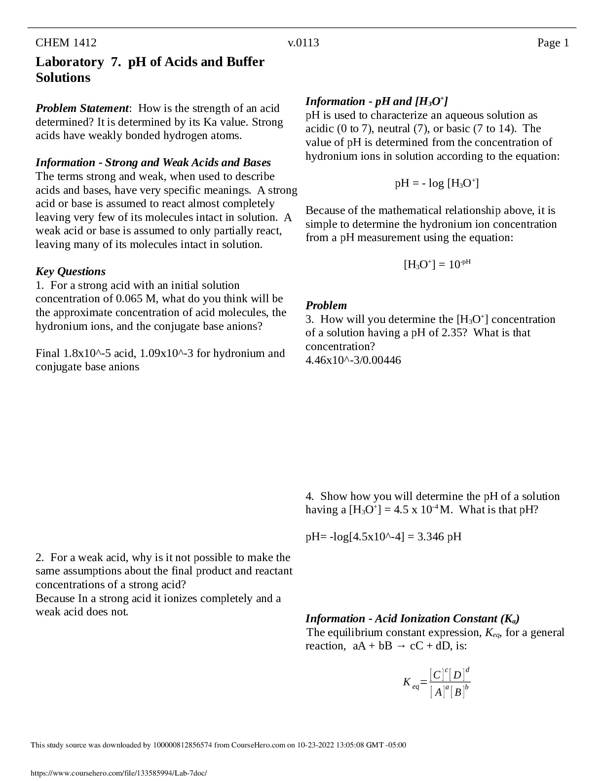 CHEM 1412 v.0113 Page 1 Laboratory 7. pH of Acids and Buffer Solutions ...