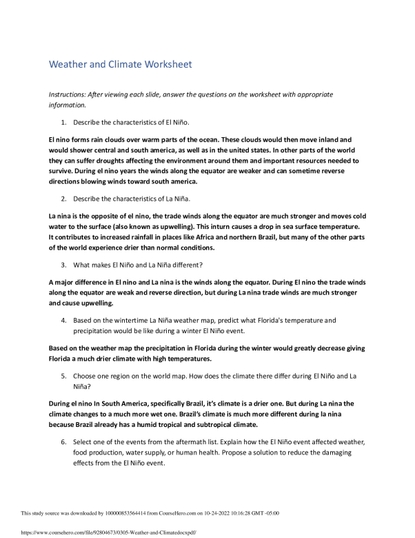 Weather and Climate Worksheet