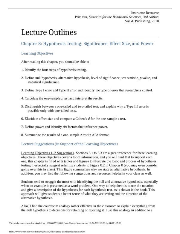 Lecture Outlines Chapter 8 Hypothesis Testing Significance Effect