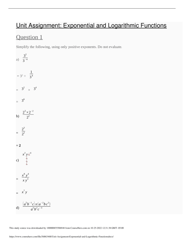 Virtual Highh School MATH MHF4U Advanced Functions Unit Assignment: Exponential and Logarithmic ...