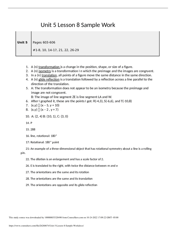 Florida Virtual High School GEOMETRY Unit 5 Lesson 8 Sample Work