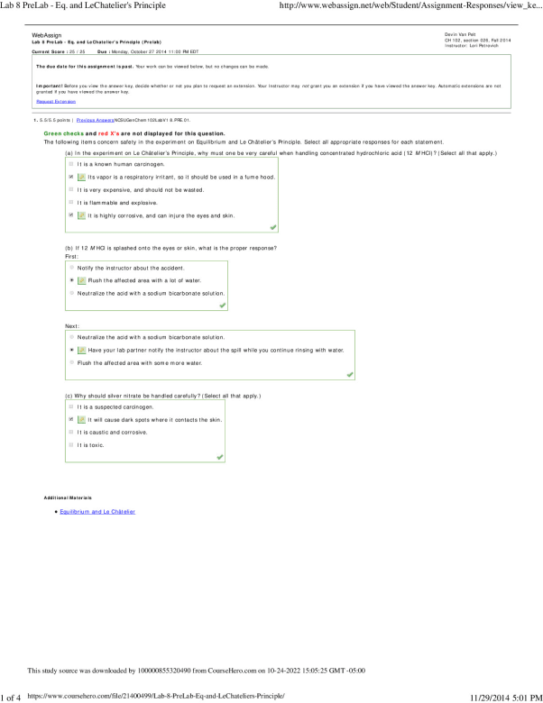 CHEM 101 Chemistry Molecular Science Lab 8 PreLab - Eq. and LeChatelier ...