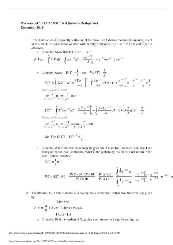 ECN 1400 Problem Set 10 with Answers