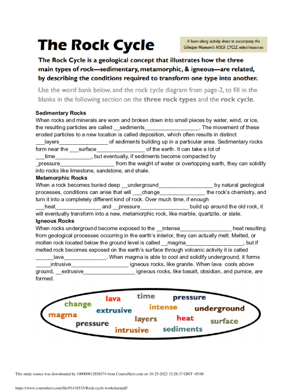 SCI 384 Rock cycle worksheet Sedimentary Rocks