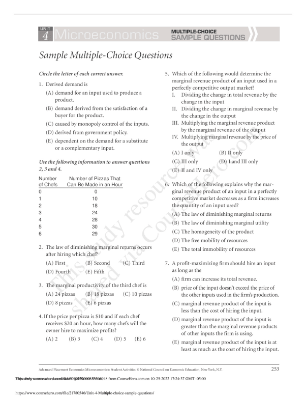 ECON 105 UNIT 4 Microeconomics Multiple choice sample questions