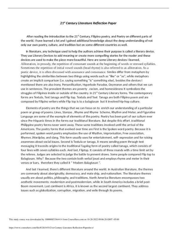 21st Century Literature Reflection Paper
