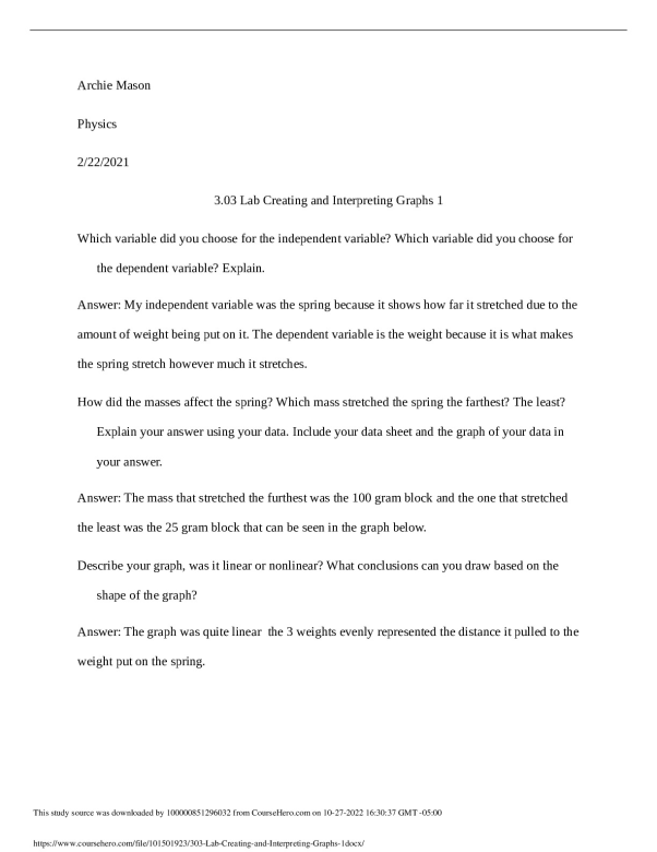 3.03 Lab Creating and Interpreting Graphs 1 Keystone National High School SCIENCE PHYSICS