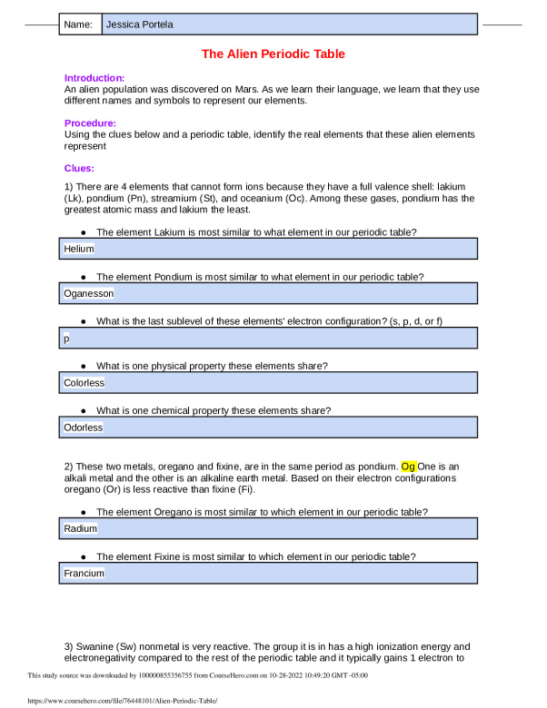 Alien_Periodic_Table Colonial High School CHEMISTRY chemistry