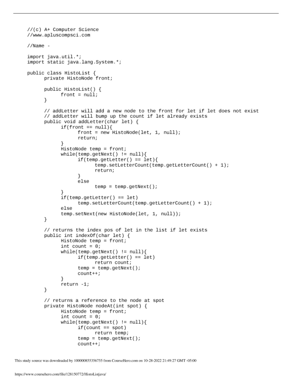 HistoList.java St. Francis College CE 4444