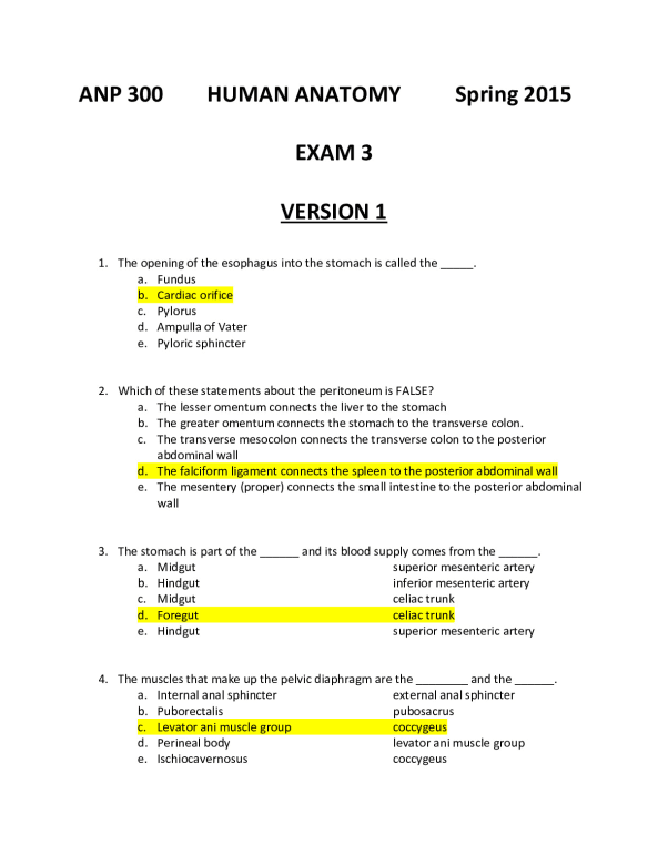 Stony Brook University ANP 300 HUMAN ANATOMY EXAM 3 VERSION 1. 75 Q&A
