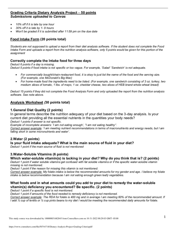 Dietary Analysis Project Grading Criteria University of Texas NTR 306