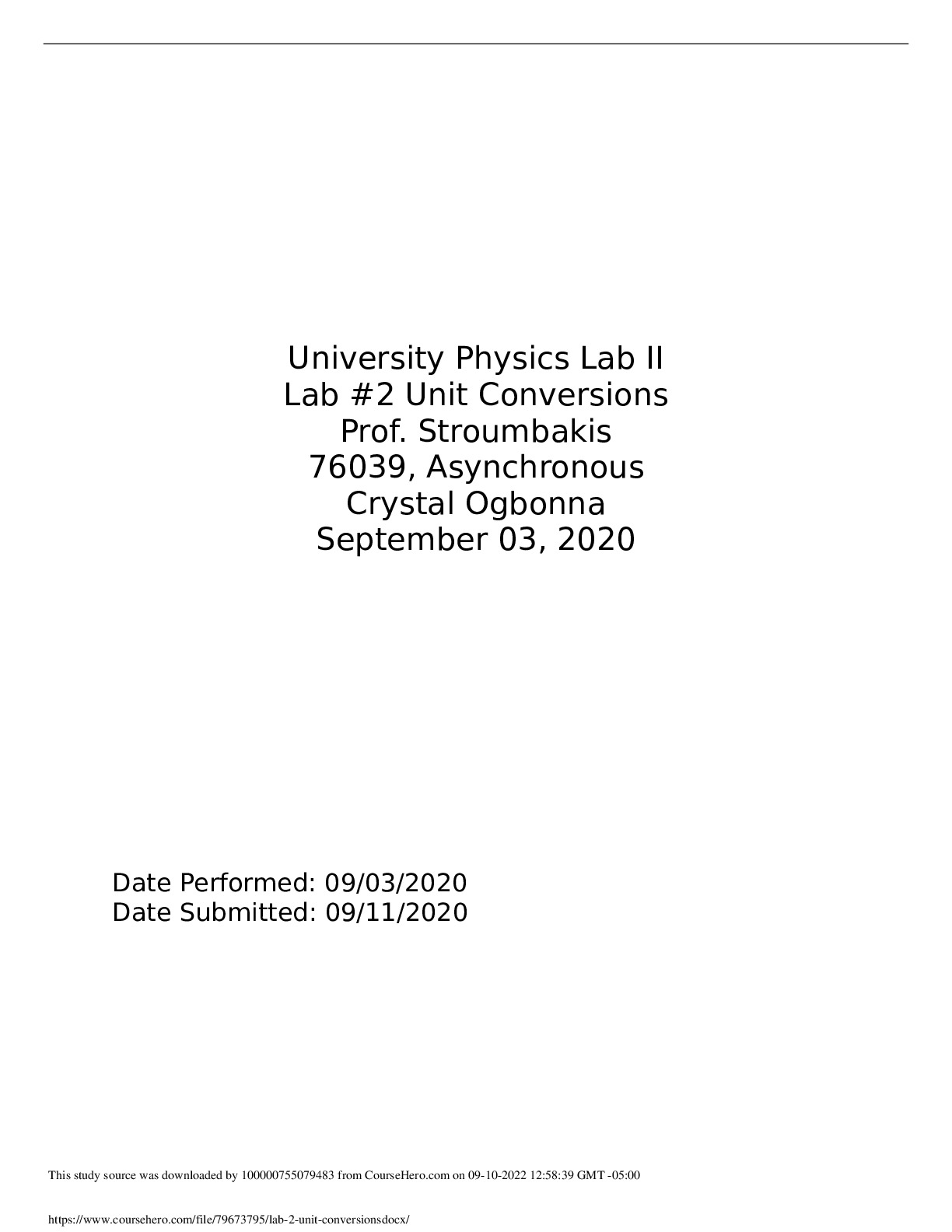 St. Johns University PHY 1940 Physics II lab 2 unit conversions