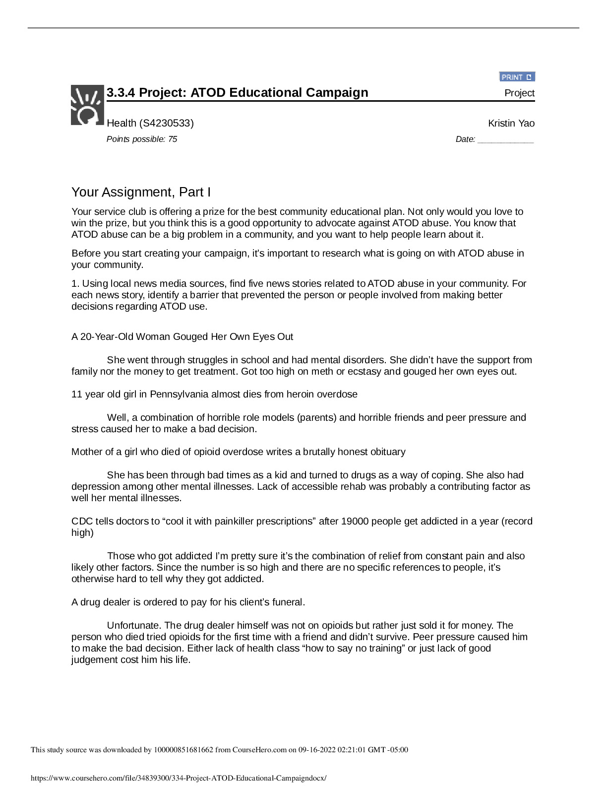 3.3.4 Project - ATOD Educational Campaign. Northwest Liberty School HEALTH 1234