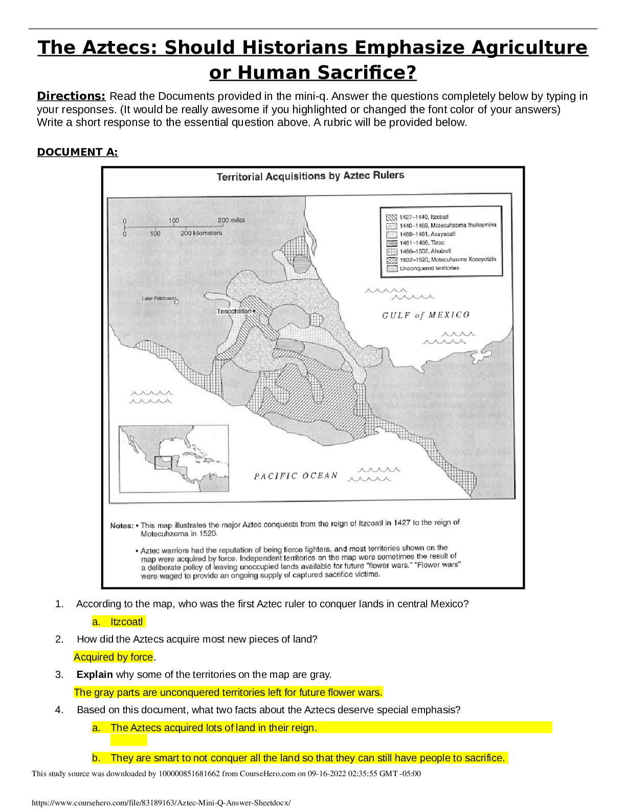 Aztec Mini-Q Answer Sheet. Tallahassee Community College HIST WOH2012