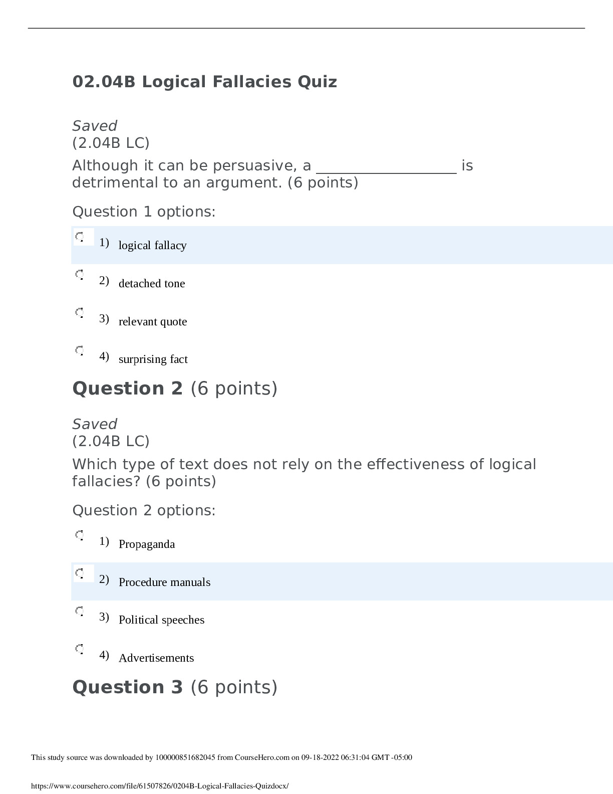 Florida Virtual SchoolPHI MISC02.04B Logical Fallacies Quiz.