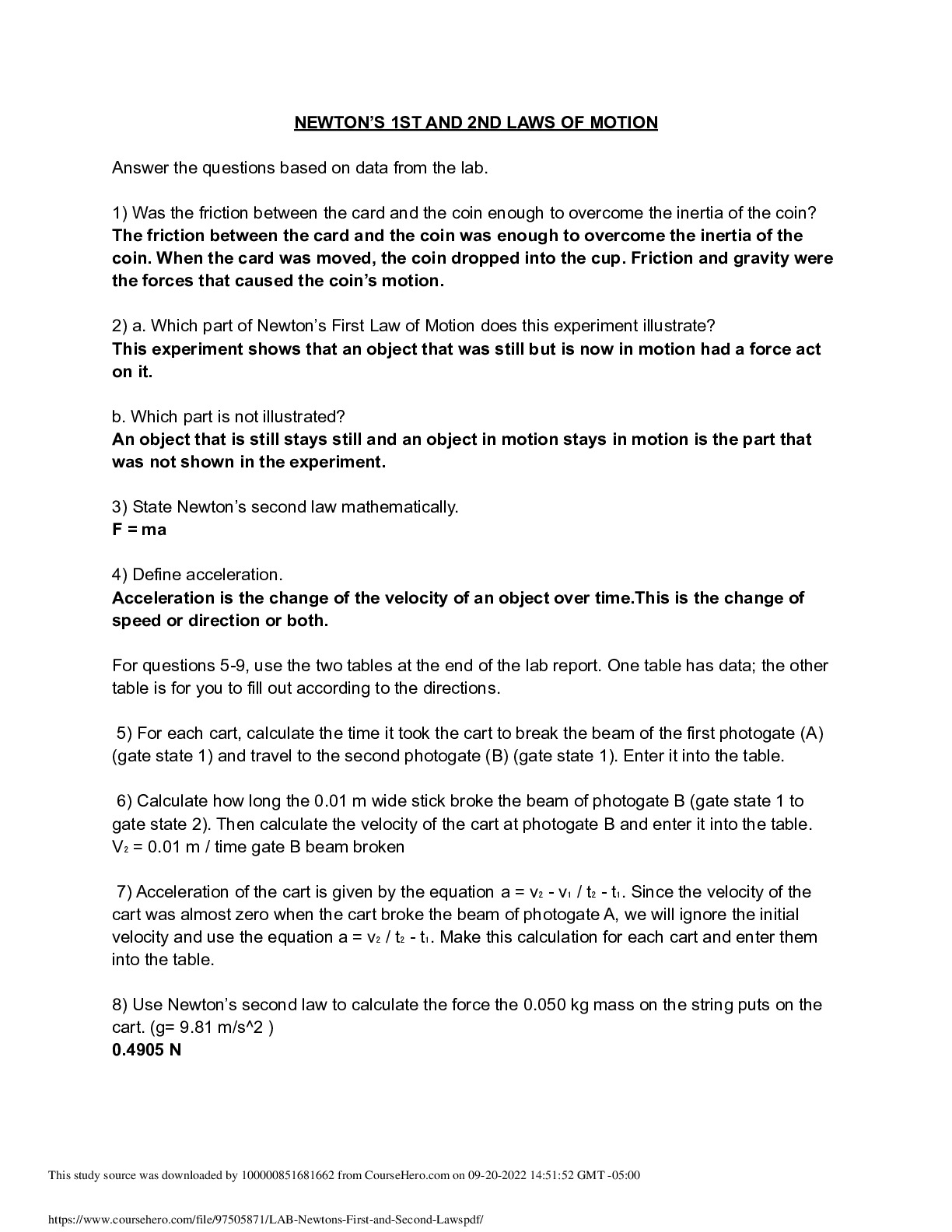 LAB_ Newton's First and Second Laws. Glendale Community College PHY 110