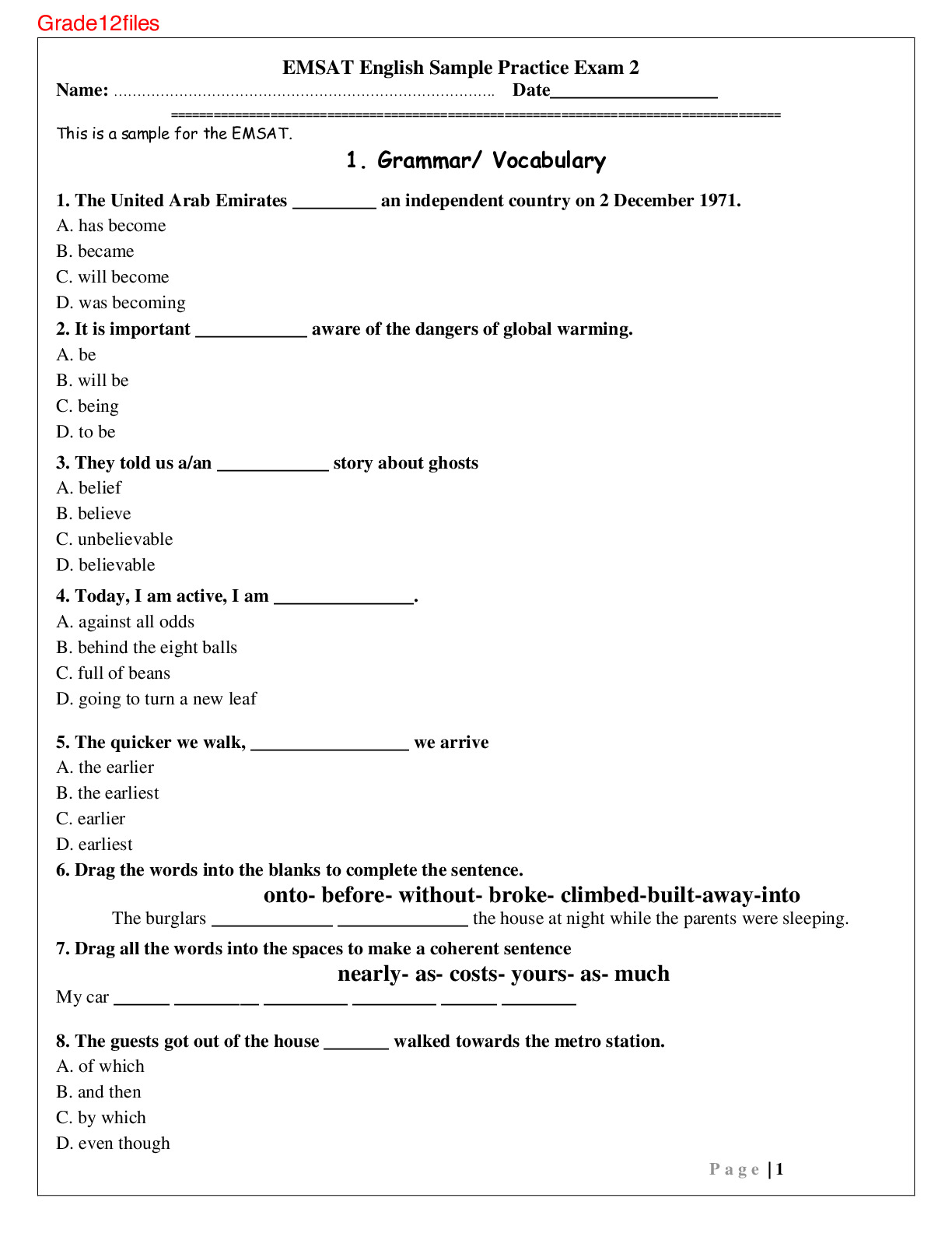 A EN ENGLISH CO EMSAT English Sample Practice Exam 2