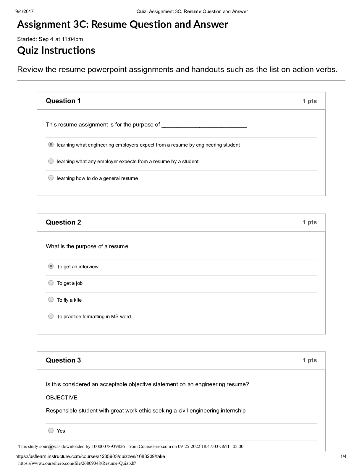 University of South FloridaEGN 3000Resume Quiz Assignment 3C: Resume Quesƭon and Answer