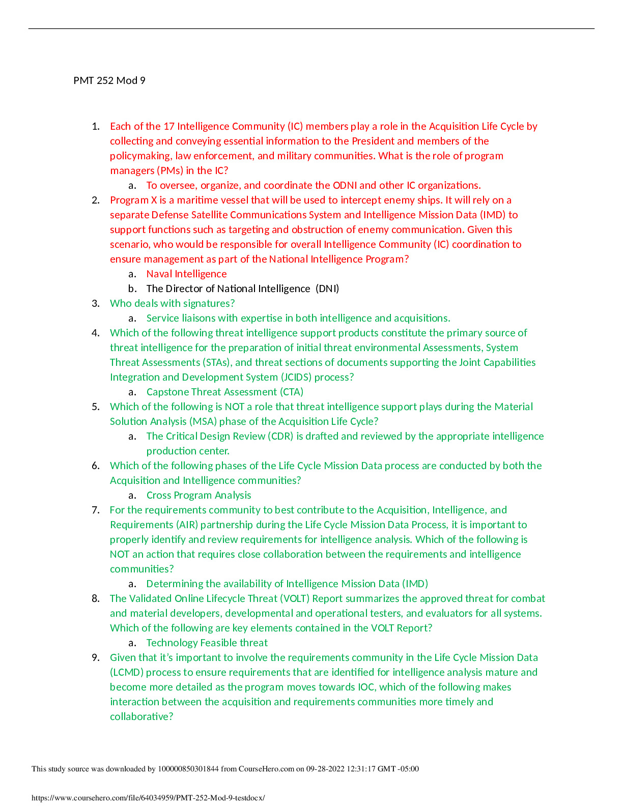 Defense Acquisition University PMT 252 PMT 252 Mod 9 Test