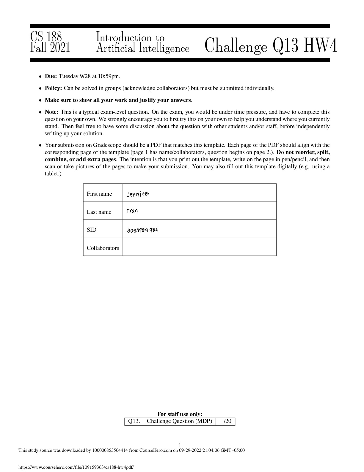 cs188-hw4. University of California, Berkeley COMPSCI 188