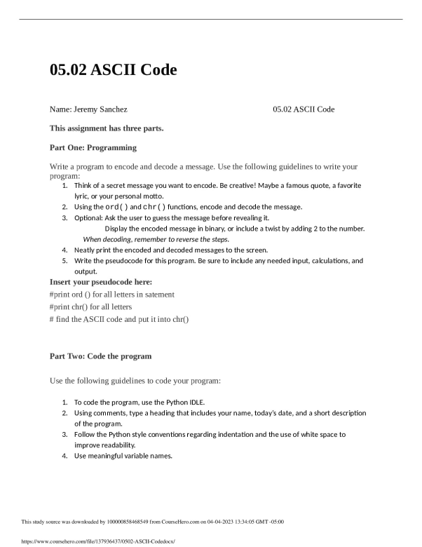 05.02 ASCII Code. Somerset Academy Charter High School PROGRAMMING COP2271