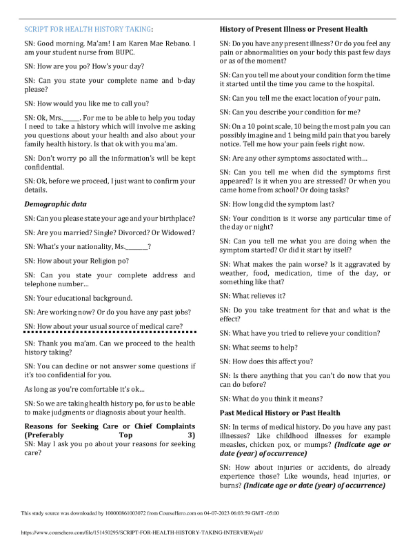 SCRIPT-FOR-HEALTH-HISTORY-TAKING-INTERVIEW. Bicol College in Daraga ...