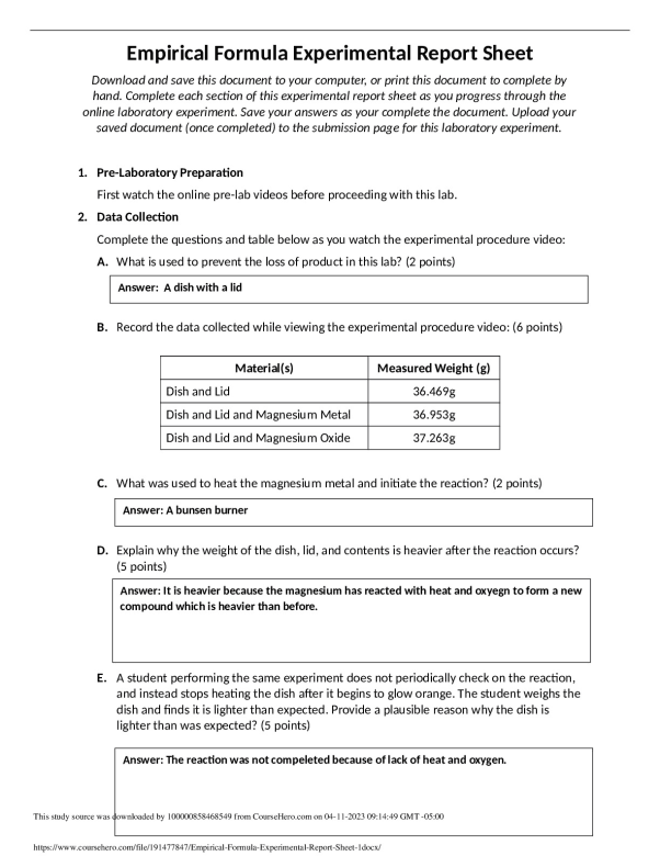 CHEM ORGANIC CH Empirical Formula Experimental Report Sheet (1).