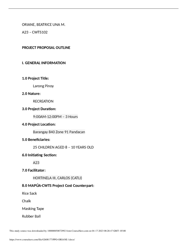 PPO - ORIANE Mapúa Institute of Technology CWTS 102