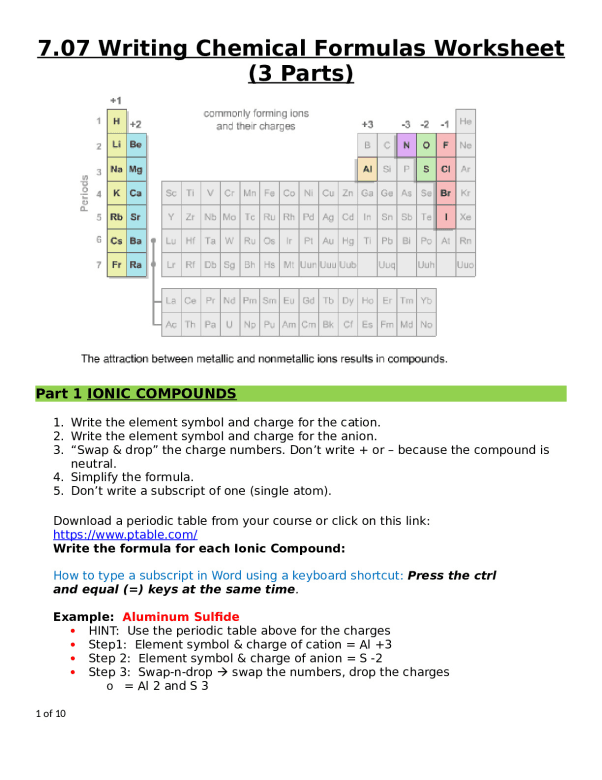 7.07 Writing Chemical Formulas Worksheet. K12 HELP 101
