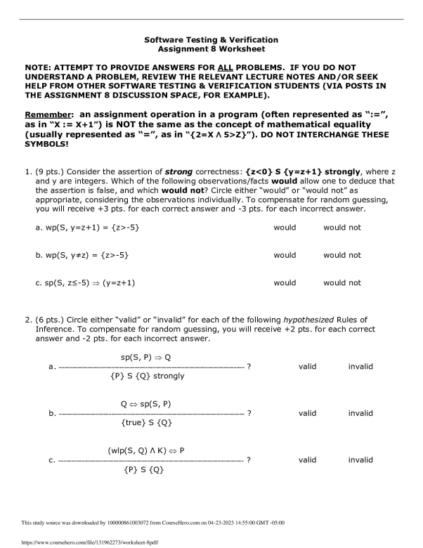 Software Testing & Verification Assignment 8 Worksheet