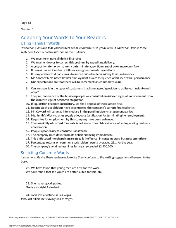 Exercises for assignment