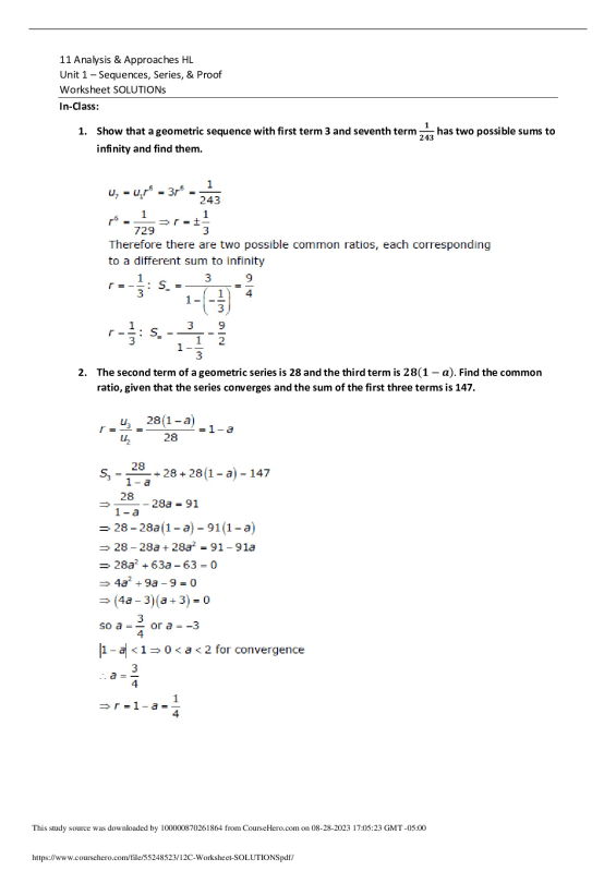 11 Analysis & Approaches HL Unit 1-Sequences, Series, & Proof Worksheet SOLUTIONs