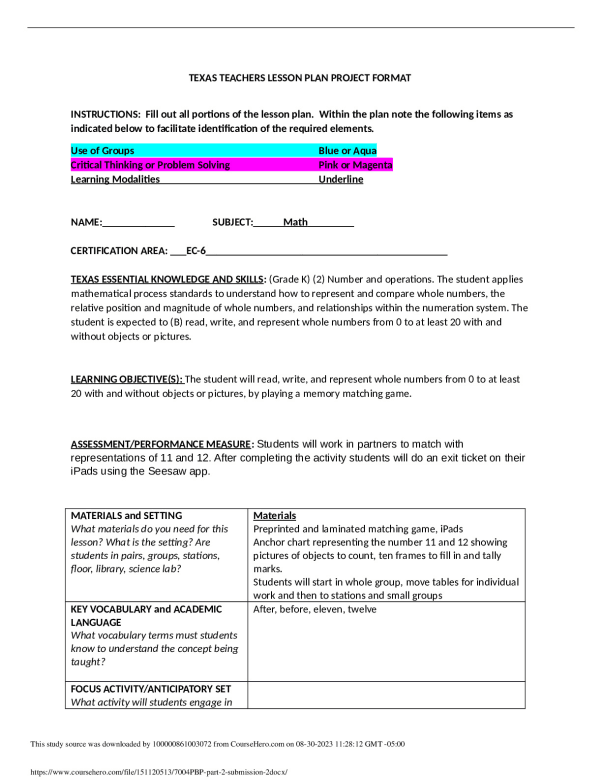 TEXAS TEACHERS LESSON PLAN PROJECT FORMAT