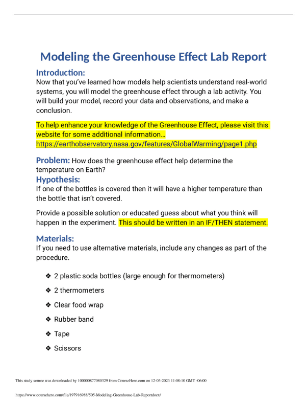 5.05 Modeling the Greenhouse Effect Lab Report
