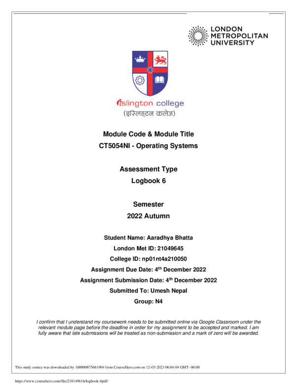 Module Code & Module Title CT5054NI - Operating Systems Assessment Type Logbook 6 Semester 2022 ...