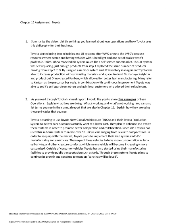 Chapter 16 Assignment Toyota