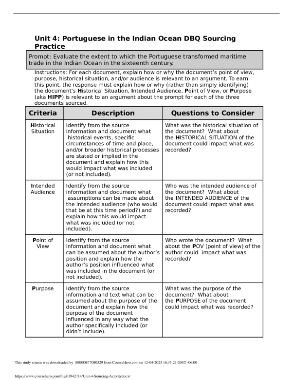 Unit 4: Portuguese in the Indian Ocean DBQ Sourcing Practice