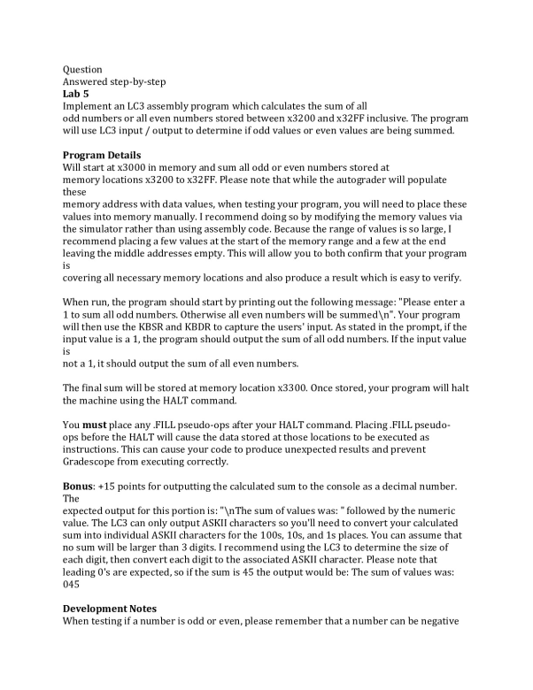 Lab 5 Implement an LC3 assembly program which calculates the sum of...